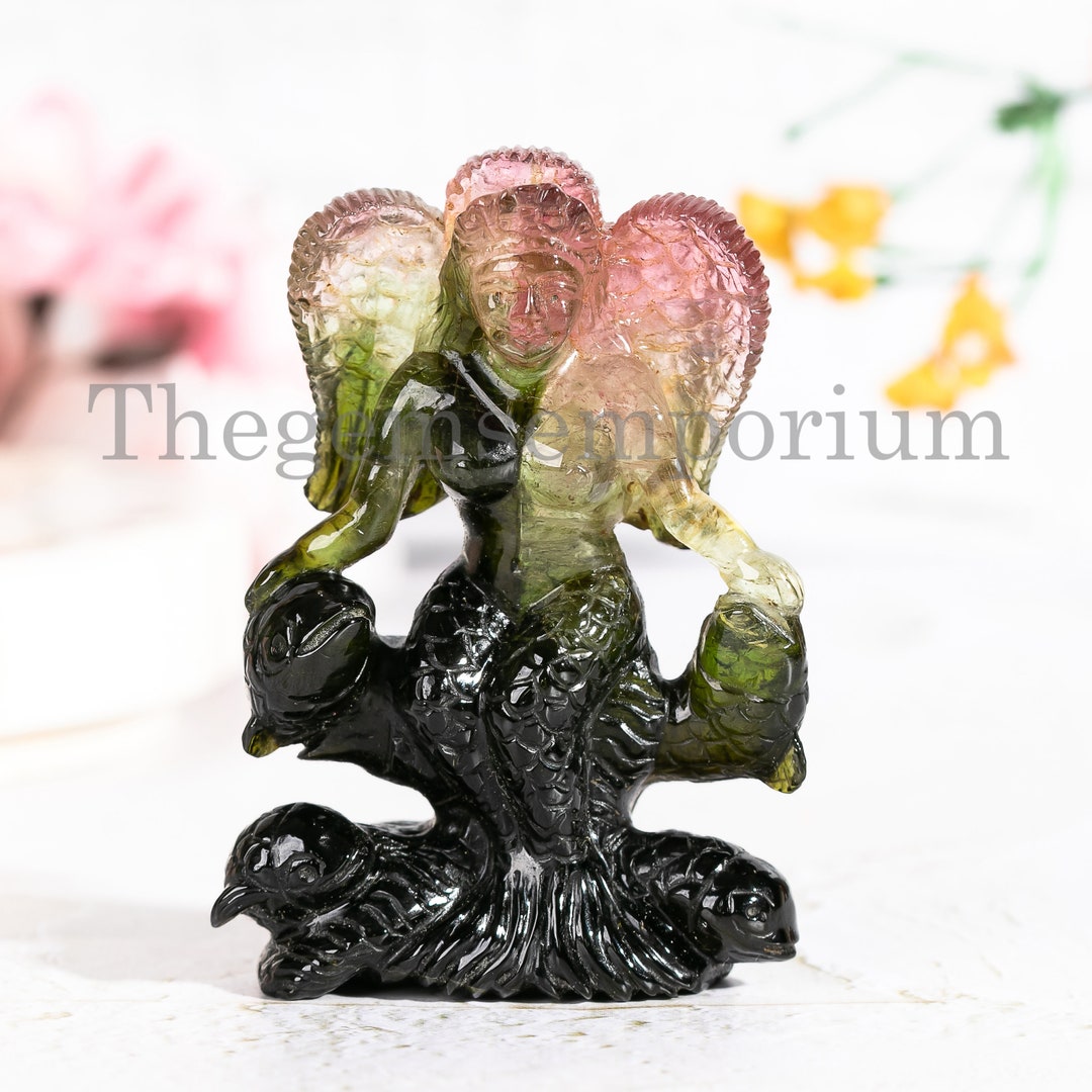 Bio Tourmaline Mermaid Craved Stone, Hand Carved Tourmaline Gemstone ...