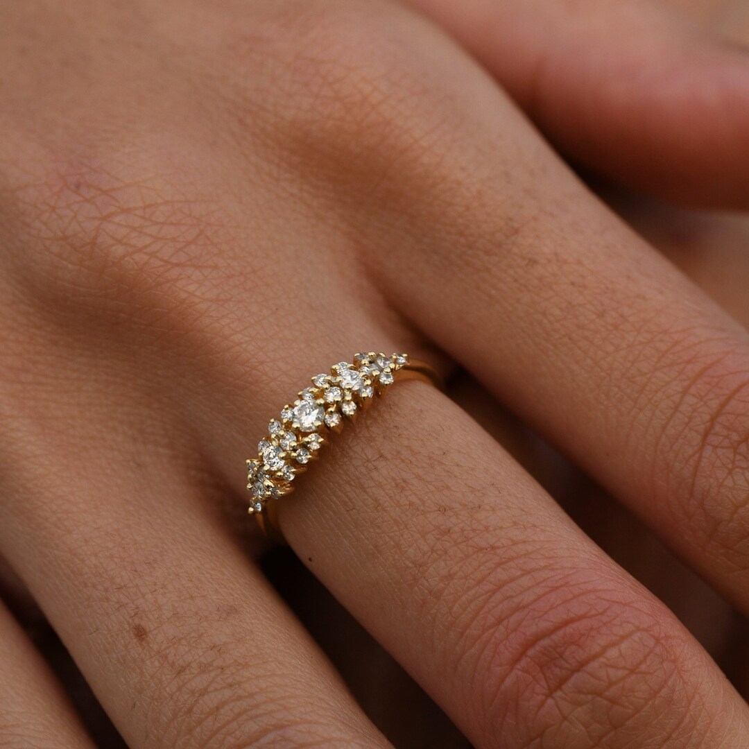 Cluster Ring in 14K Gold,unique Diamond Stackable Ring,engagement ...