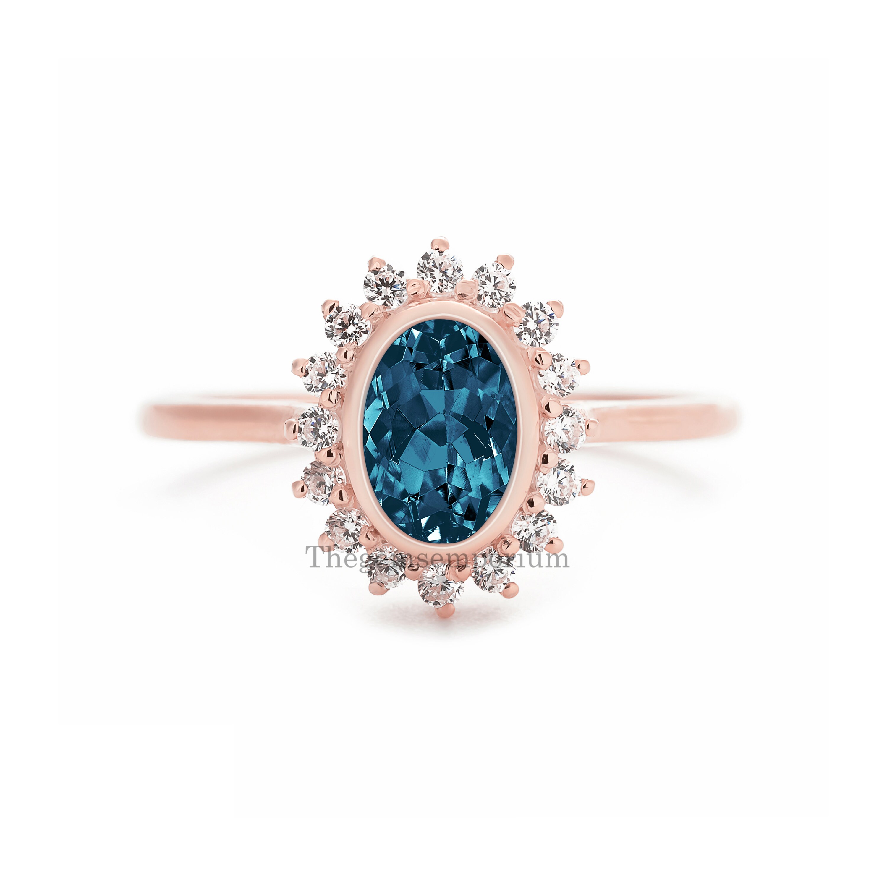 Blue Topaz Engagement Ring,14k Solid Gold,halo Diamond Ring,oval Cut ...