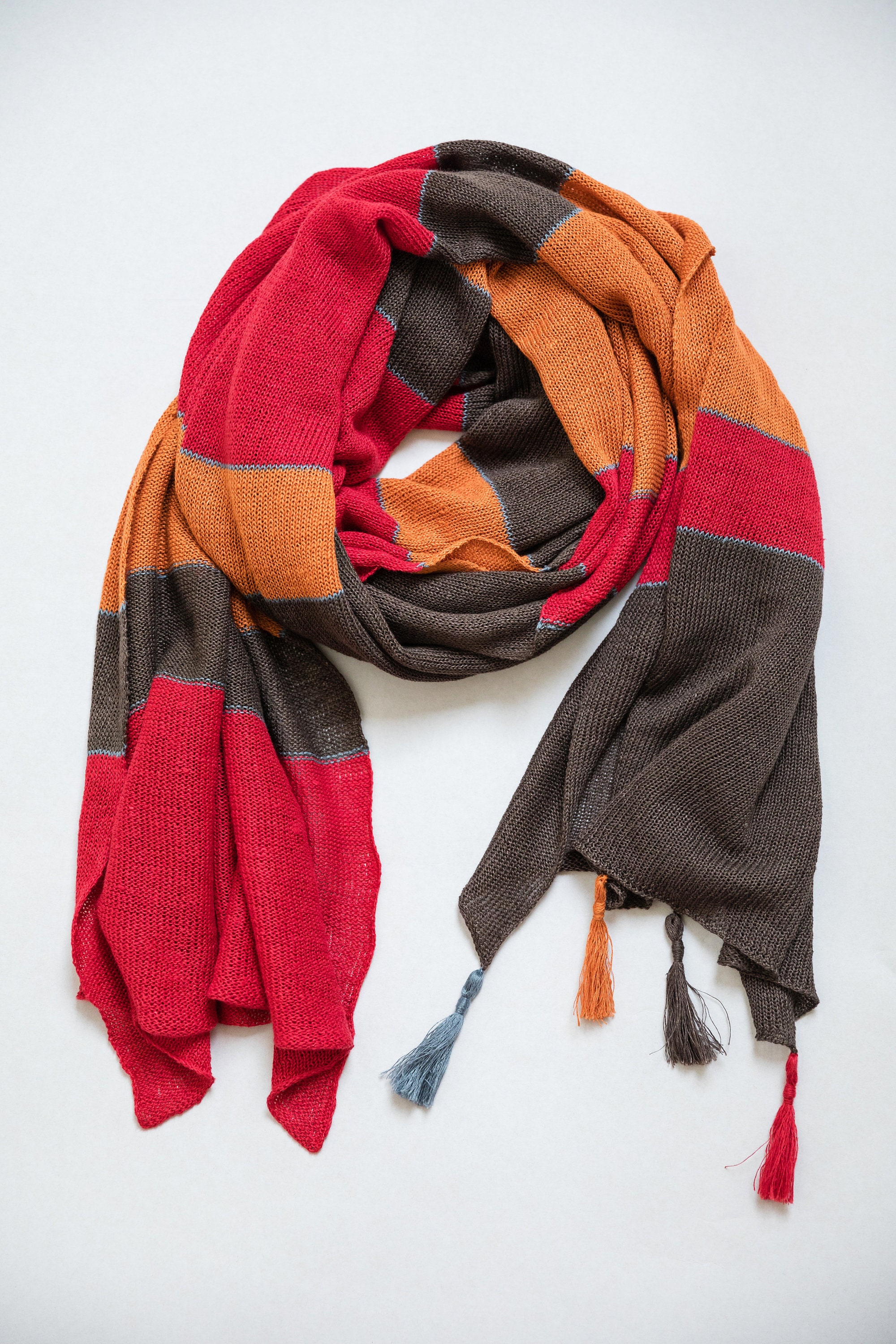 Wide Linen Shawl for Book Readers, Extra Long Hand Knit Scarf, Hippie ...