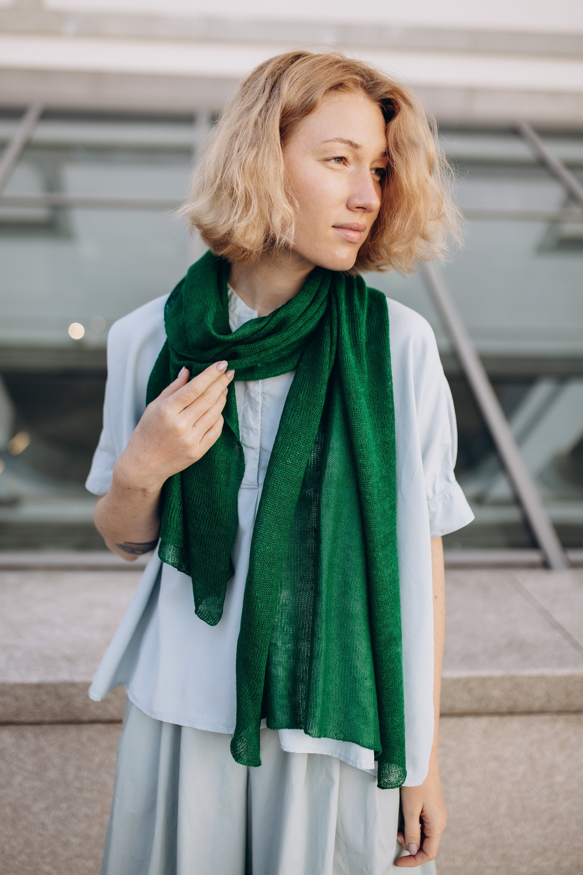 Emerald Green Scarf, Natural Linen Shawl, Summer Knit Oversize Scarve ...