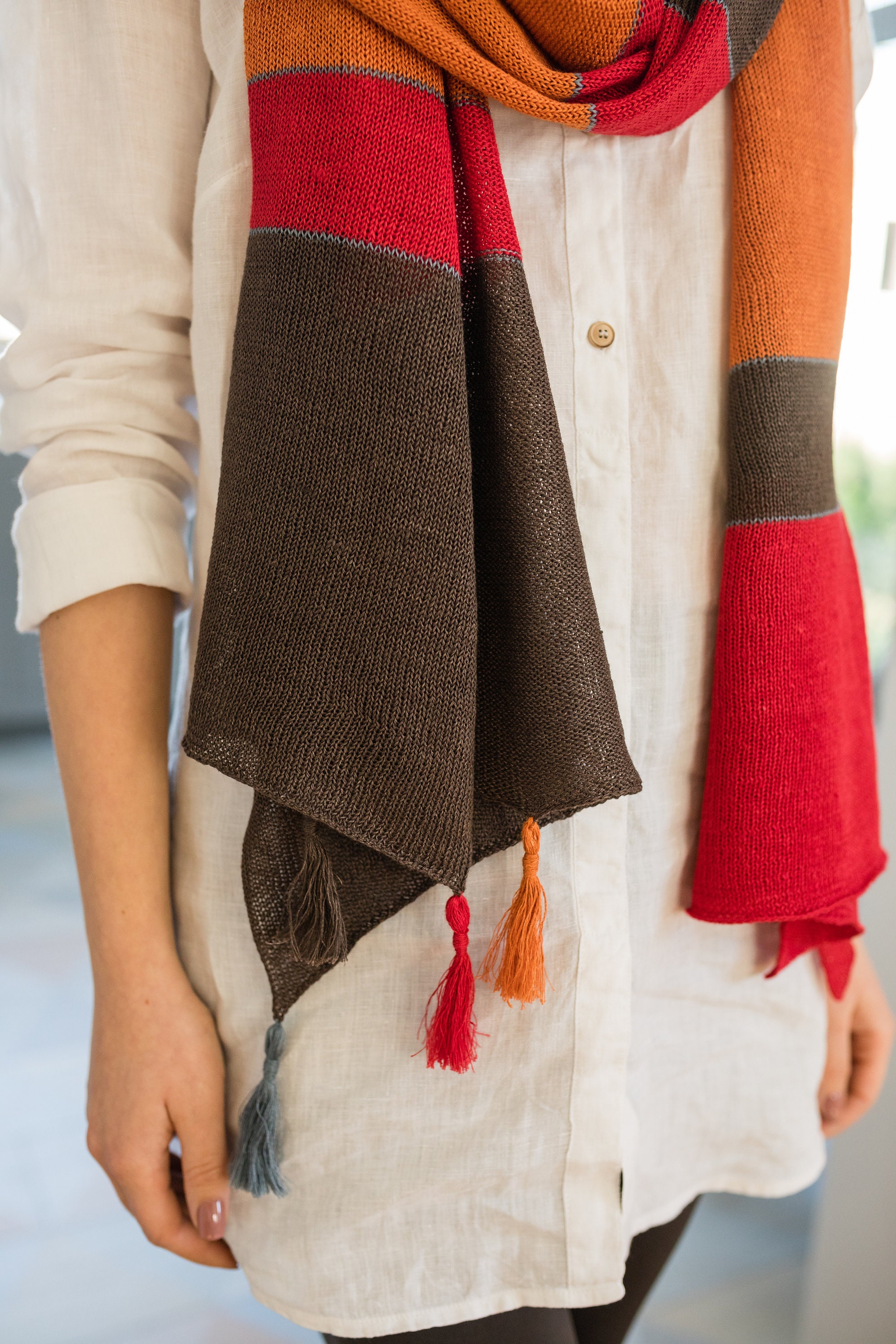 Wide Linen Shawl for Book Readers, Extra Long Hand Knit Scarf, Hippie ...