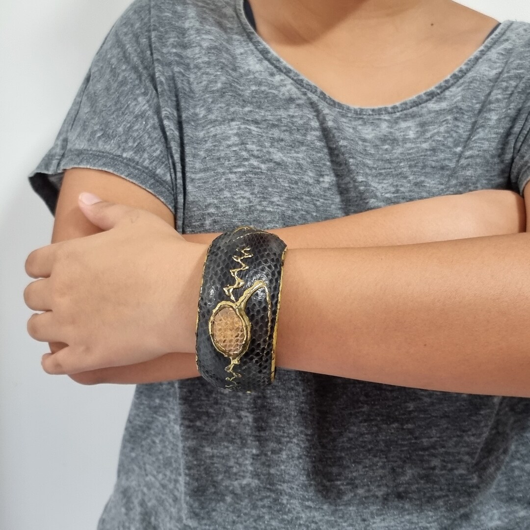 Vintage Faux Snakeskin Bangle – Black & Gold Wide Cuff With Red Accent ...