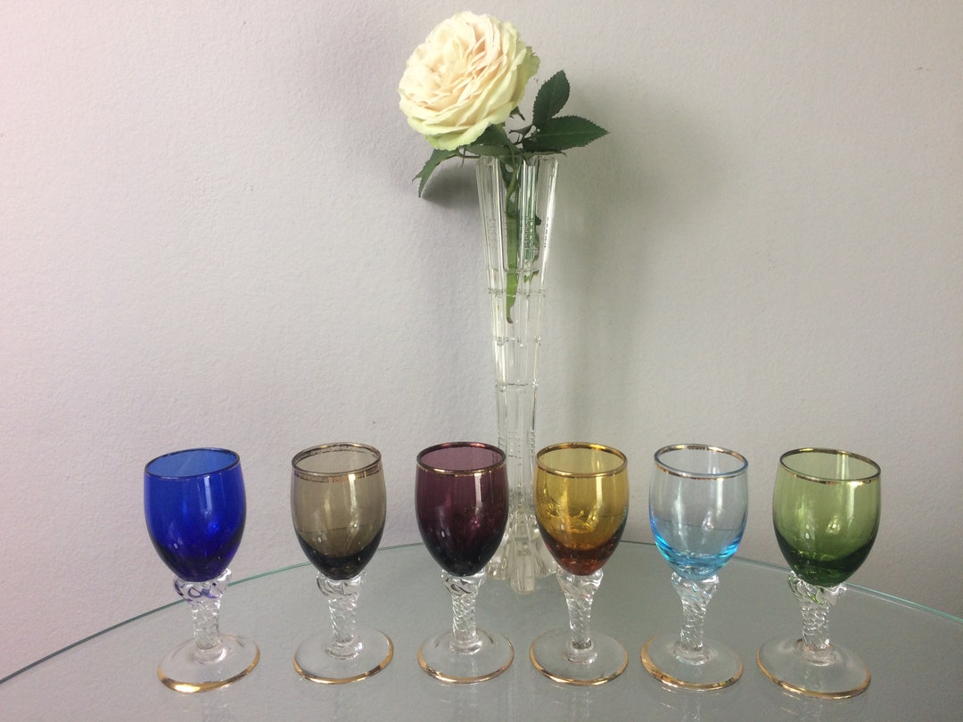 Set of 6 Colored Glassware Twisted Stem Vintage Sherry/liqueur Glasses ...