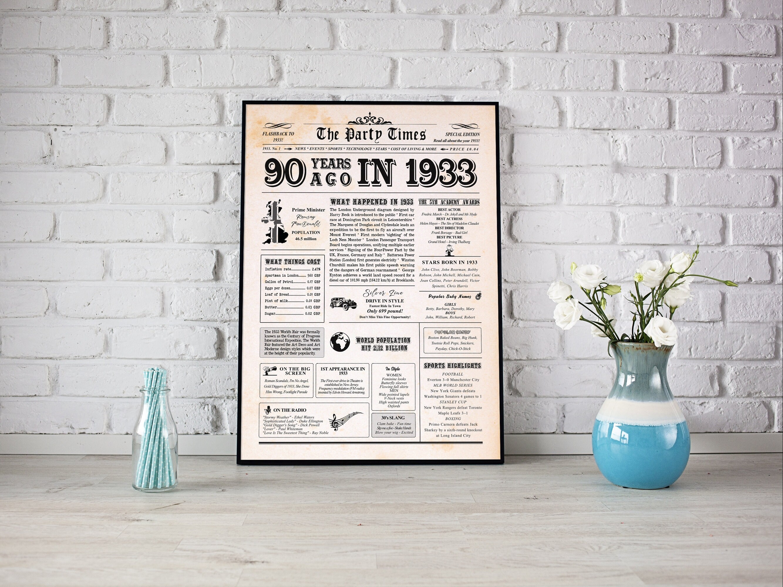 UK 90th Birthday Newspaper Poster Back in 1933 United Kingdom 90 Years ...
