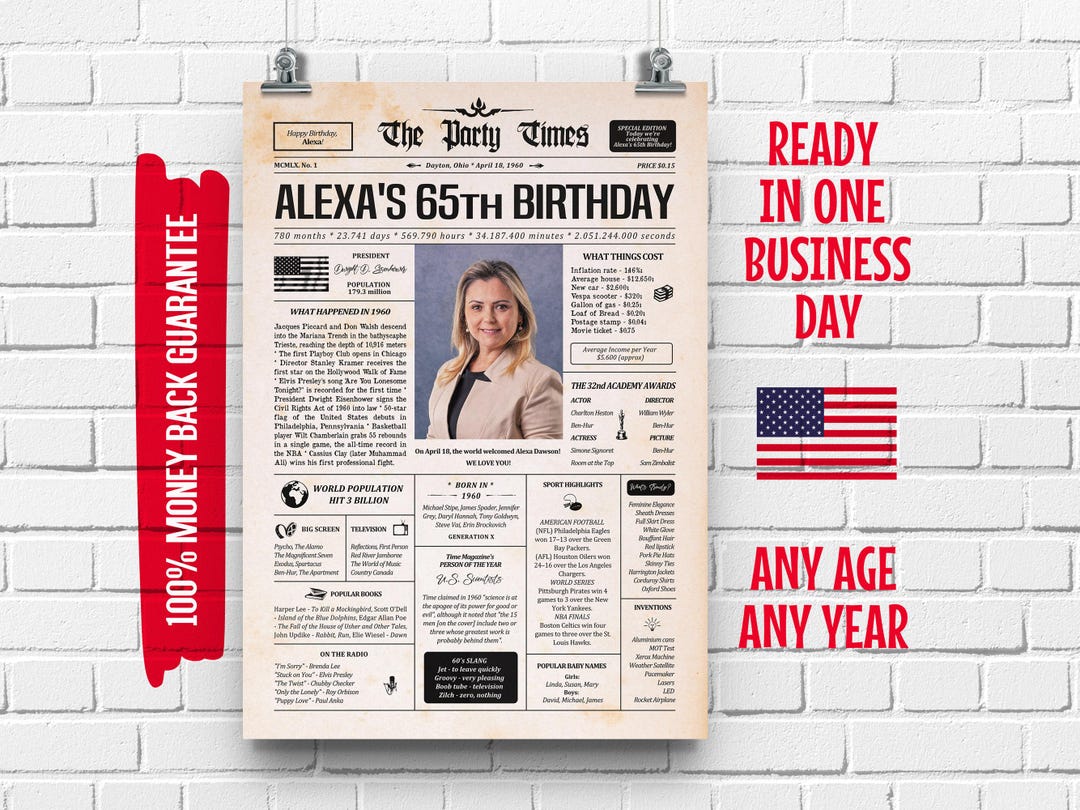 65th Birthday Newspaper Poster Sign 1960 US 65th Birthday Gift for Men ...