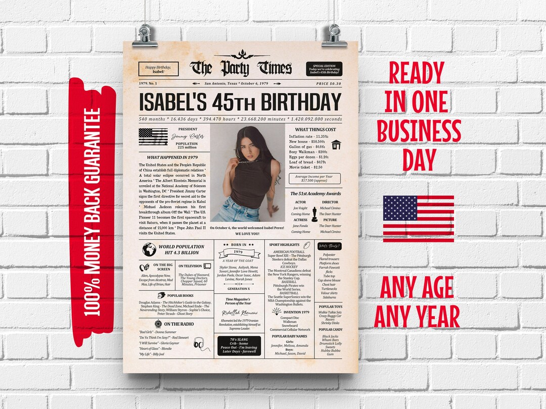 45th Birthday Newspaper Poster Sign 1979 US 45th Birthday Gift for Men ...