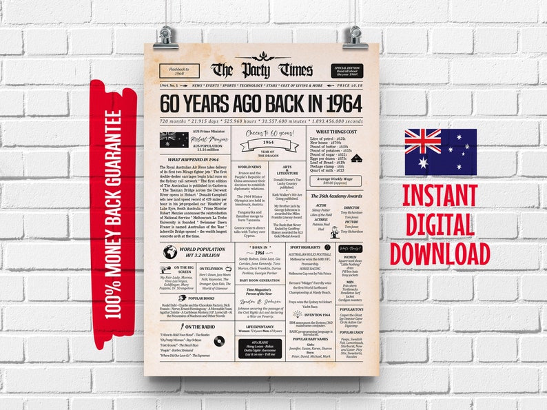 1964 60th Australian Birthday Newspaper Sign 60th Birthday Gift for Men ...