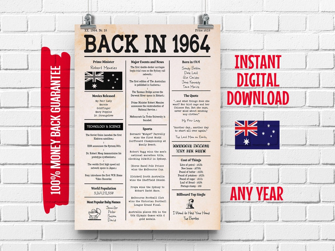 1964 60th Australian Birthday Newspaper Sign 60th Birthday Gift for Men ...