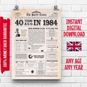 UK 40th Birthday Newspaper Poster Back in 1984 United Kingdom 40 Years ...