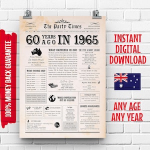 1965 60th Australian Birthday Newspaper Sign | 60th Birthday Gift for ...