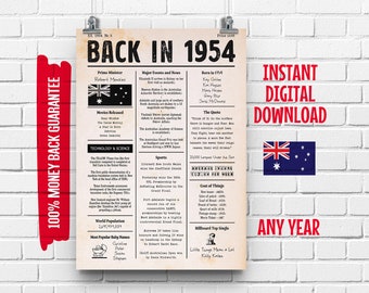 1954 70th Australian Birthday Newspaper Sign 70th Birthday Gift for Men ...