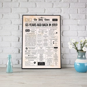 UK 65th Birthday Newspaper Poster Back in 1959 United Kingdom 65 Years ...