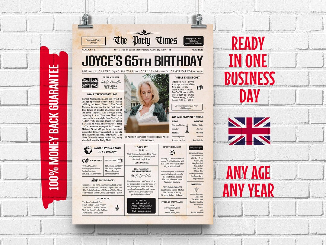 UK 65th Birthday Newspaper Poster Back in 1960 United Kingdom | 65 ...