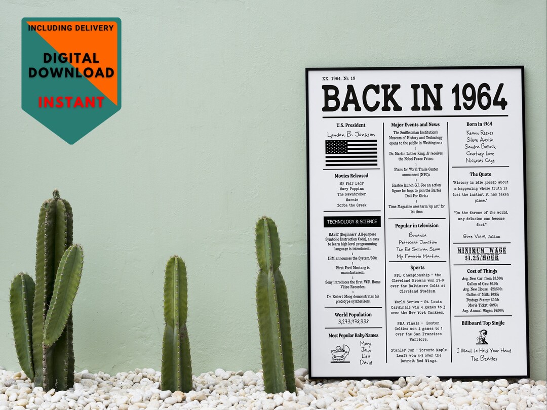 1964 60th Birthday Newspaper Sign 60th Birthday Gift for Men or Women ...