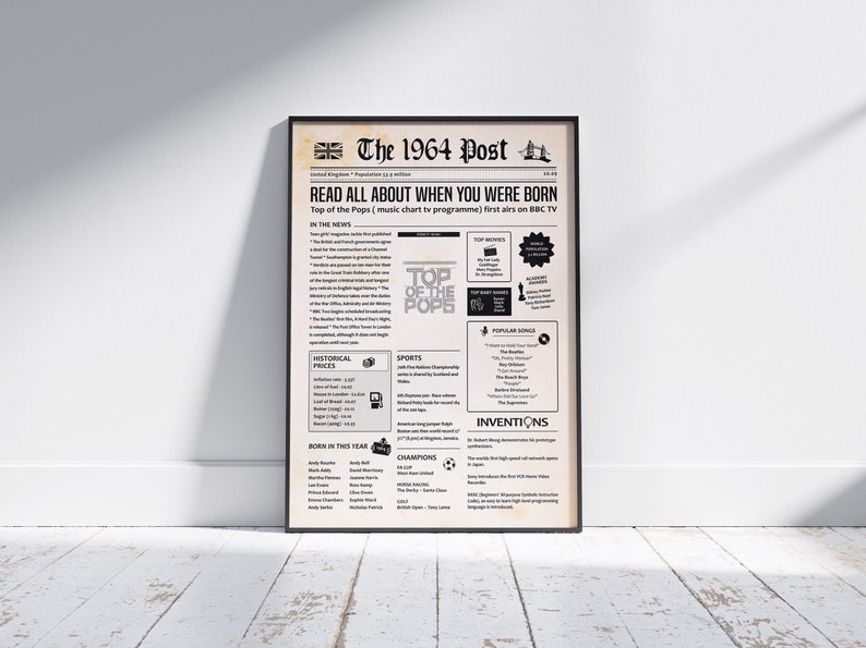 UK 60th Birthday Newspaper Poster Back in 1964 United Kingdom 60 Years ...