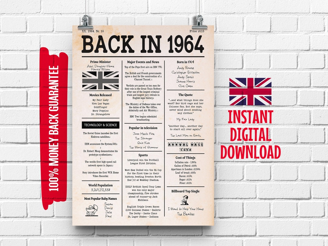 UK 60th Birthday Newspaper Poster Back in 1964 United Kingdom 60 Years ...