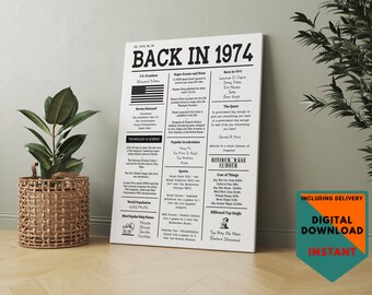 50th Birthday Canadian Newspaper Sign 1974 50th Birthday Gift for Men or Women 50 Years Ago Back ...