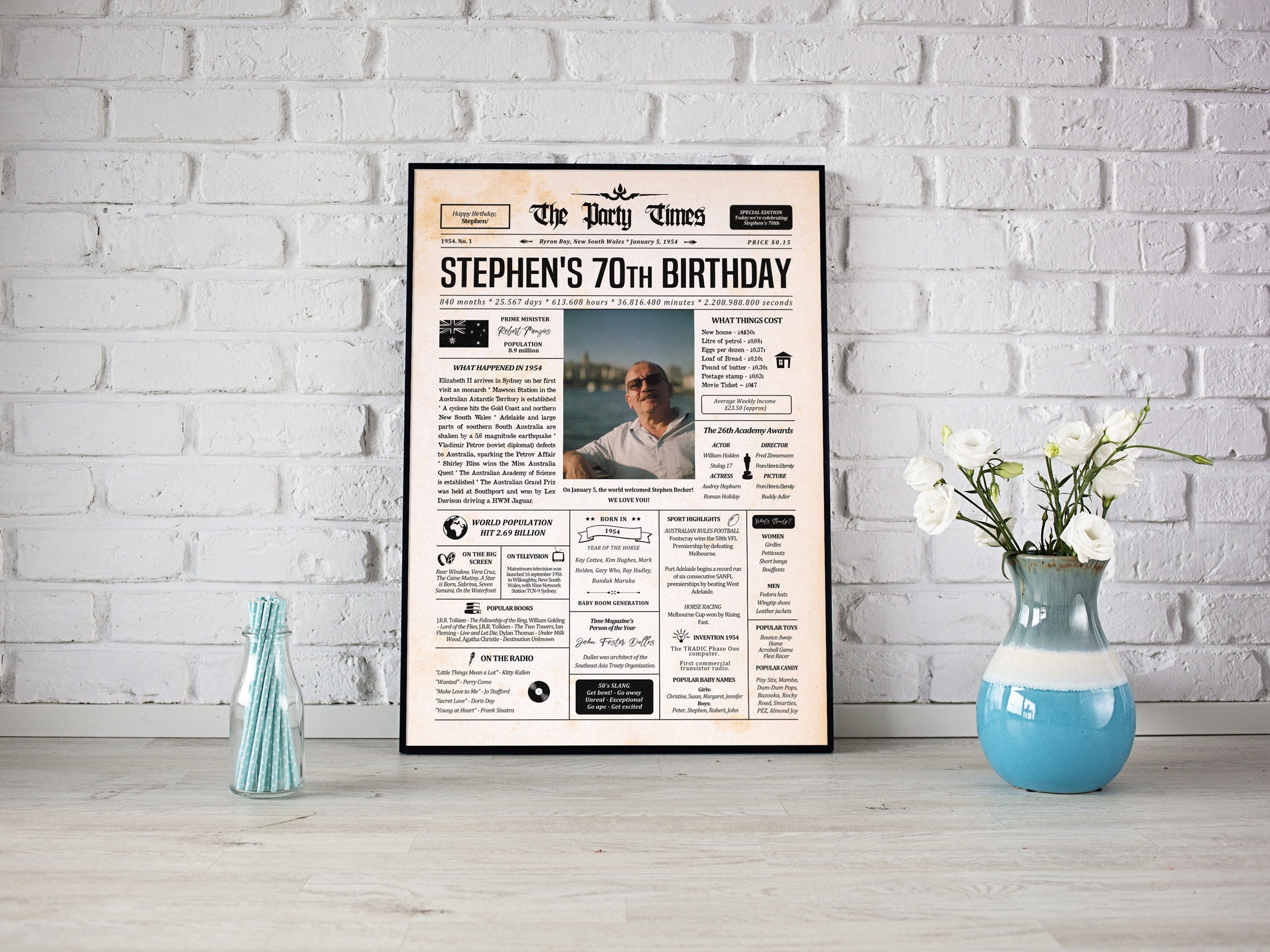 1954 70th Australian Birthday Newspaper Sign 70th Birthday Gift for Men ...