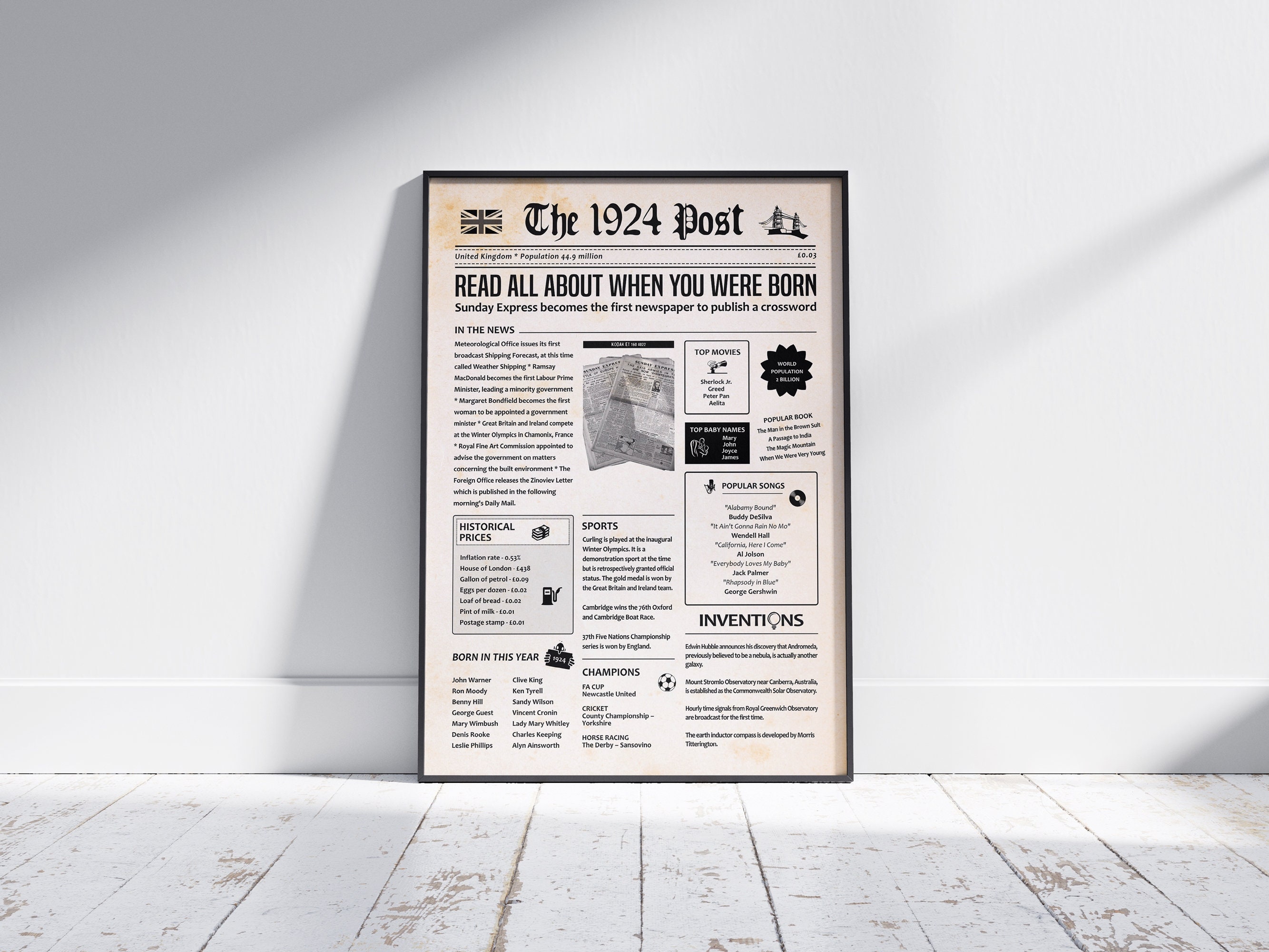 UK 100th Birthday Newspaper Poster Back in 1924 United Kingdom 100 ...