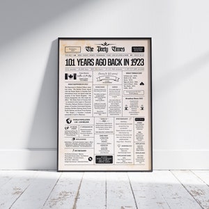 101st Birthday Canadian Newspaper Sign 1923 101st Birthday Gift for Men ...