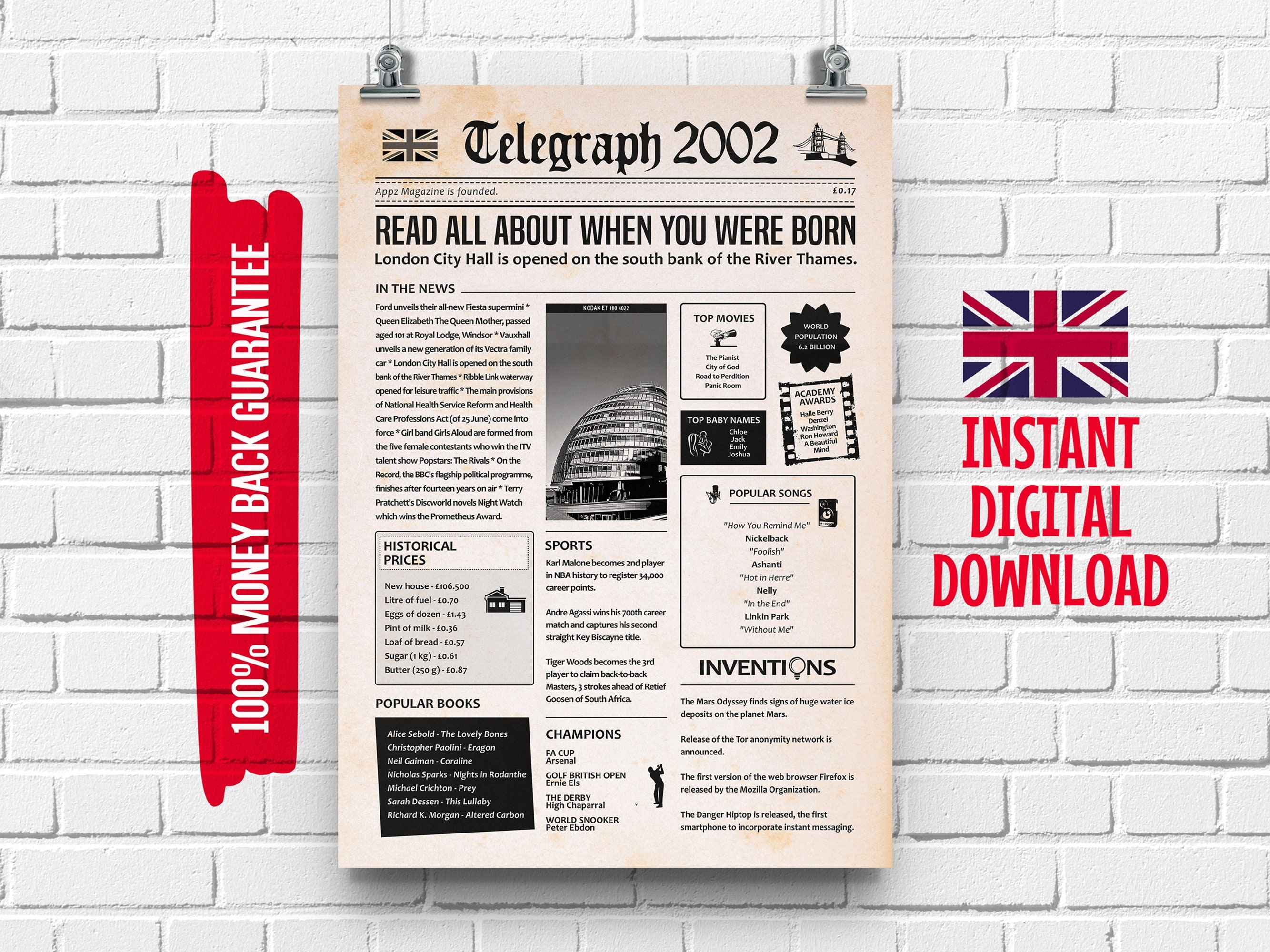 UK 21th Birthday Newspaper Poster Back in 2002 United Kingdom 21 Years ...