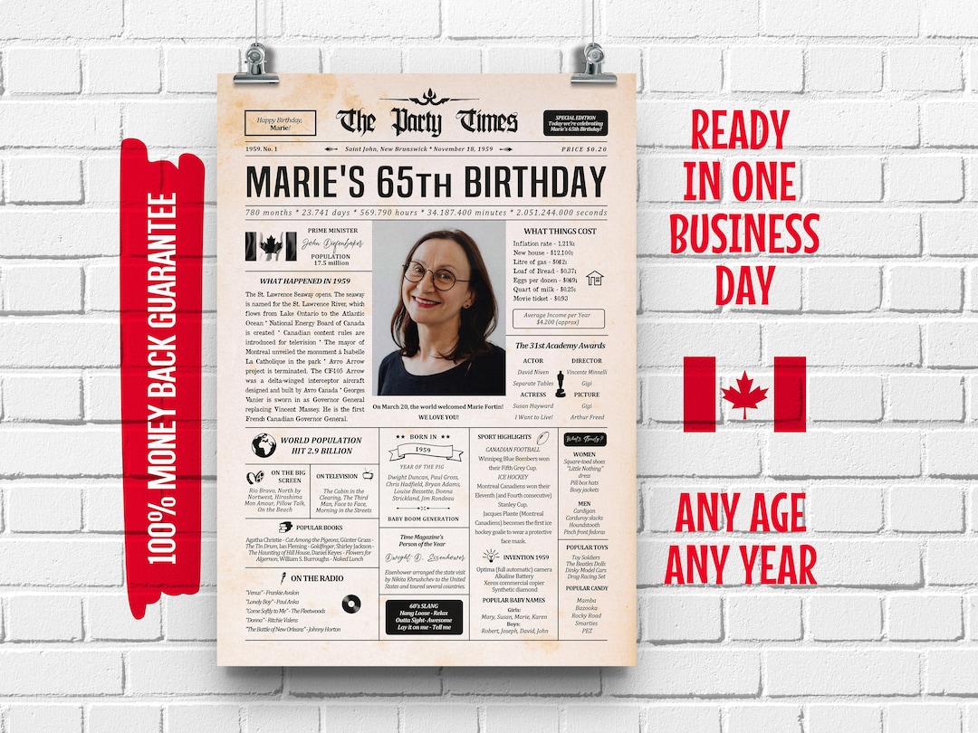 1959 65th Canadian Birthday Newspaper Sign 65th Birthday Gift for Men ...