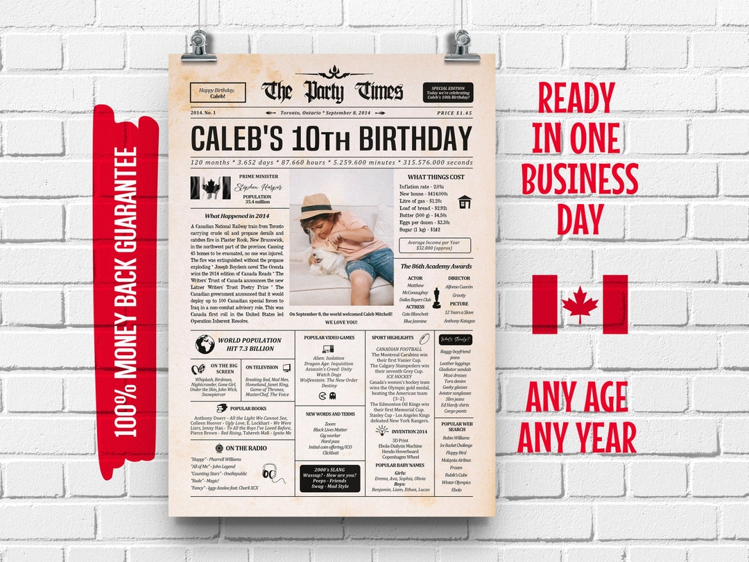10th Birthday Canadian Newspaper Sign 2014 10th Birthday Gift for Boys ...