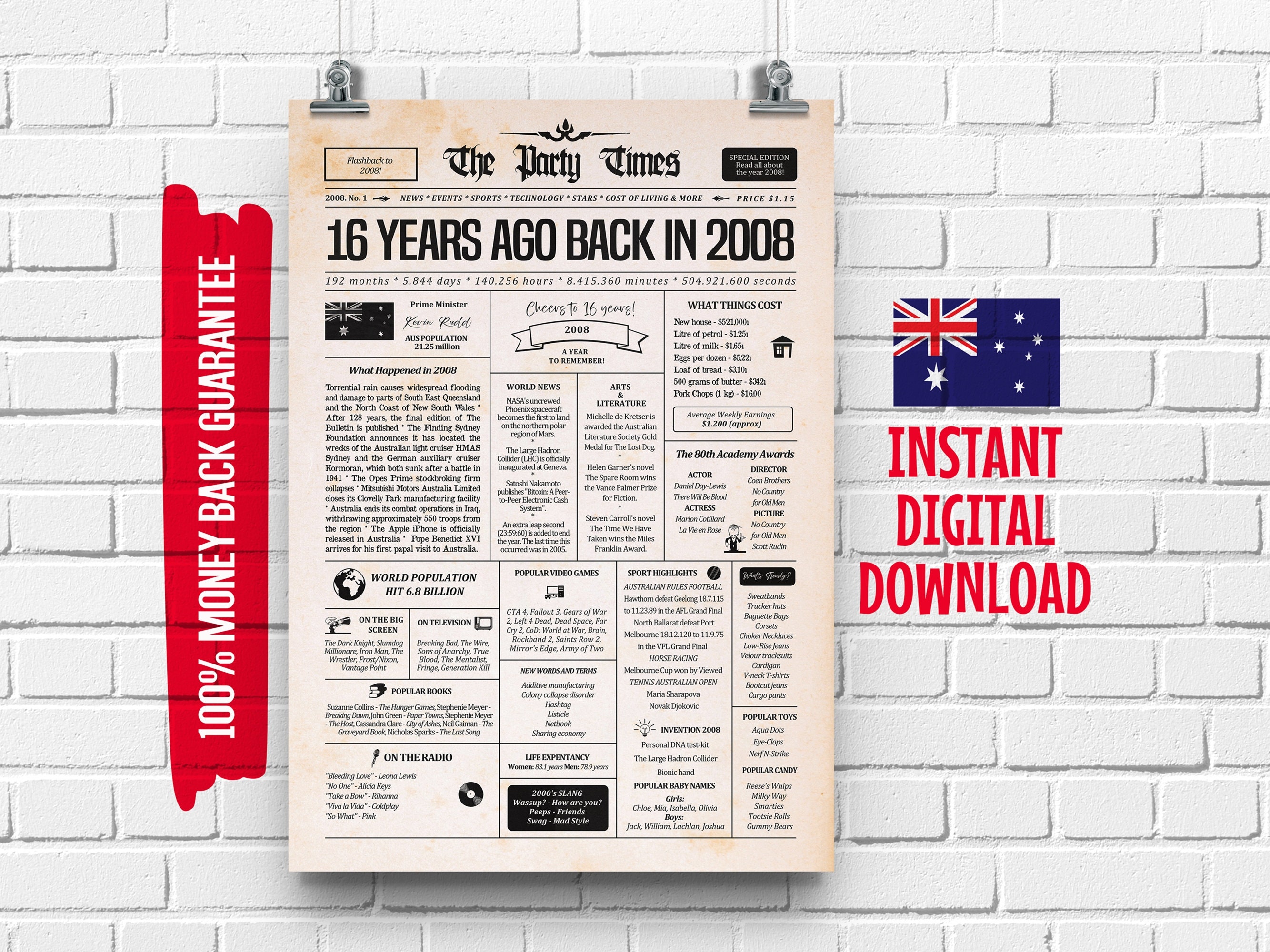 16th Birthday Australian Newspaper Sign 2008 16th Birthday Gift for Boy ...