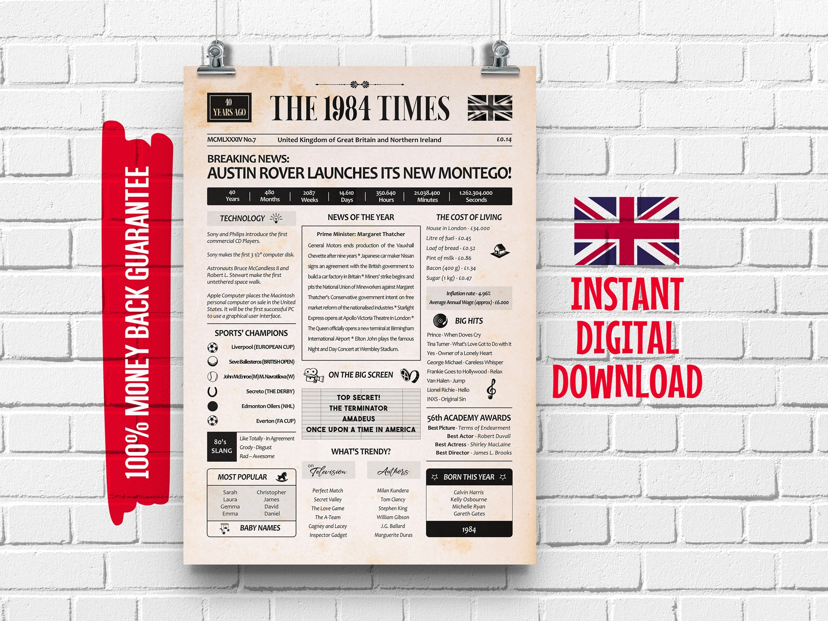UK 40th Birthday Newspaper Poster Back in 1984 United Kingdom 40 Years ...