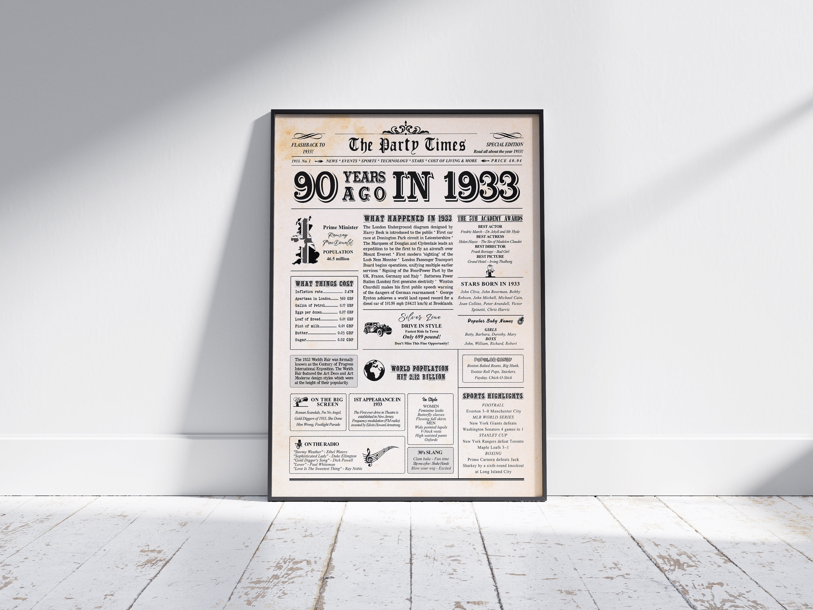 UK 90th Birthday Newspaper Poster Back in 1933 United Kingdom 90 Years ...