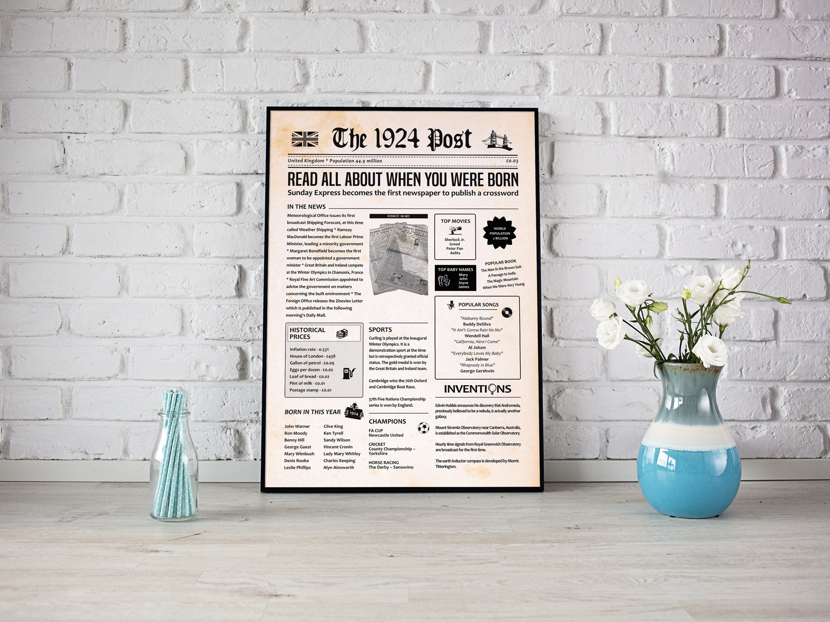 UK 100th Birthday Newspaper Poster Back in 1924 United Kingdom 100 ...