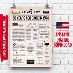 1974 50th Birthday Newspaper Sign 50th Birthday Gift for Men or Women ...