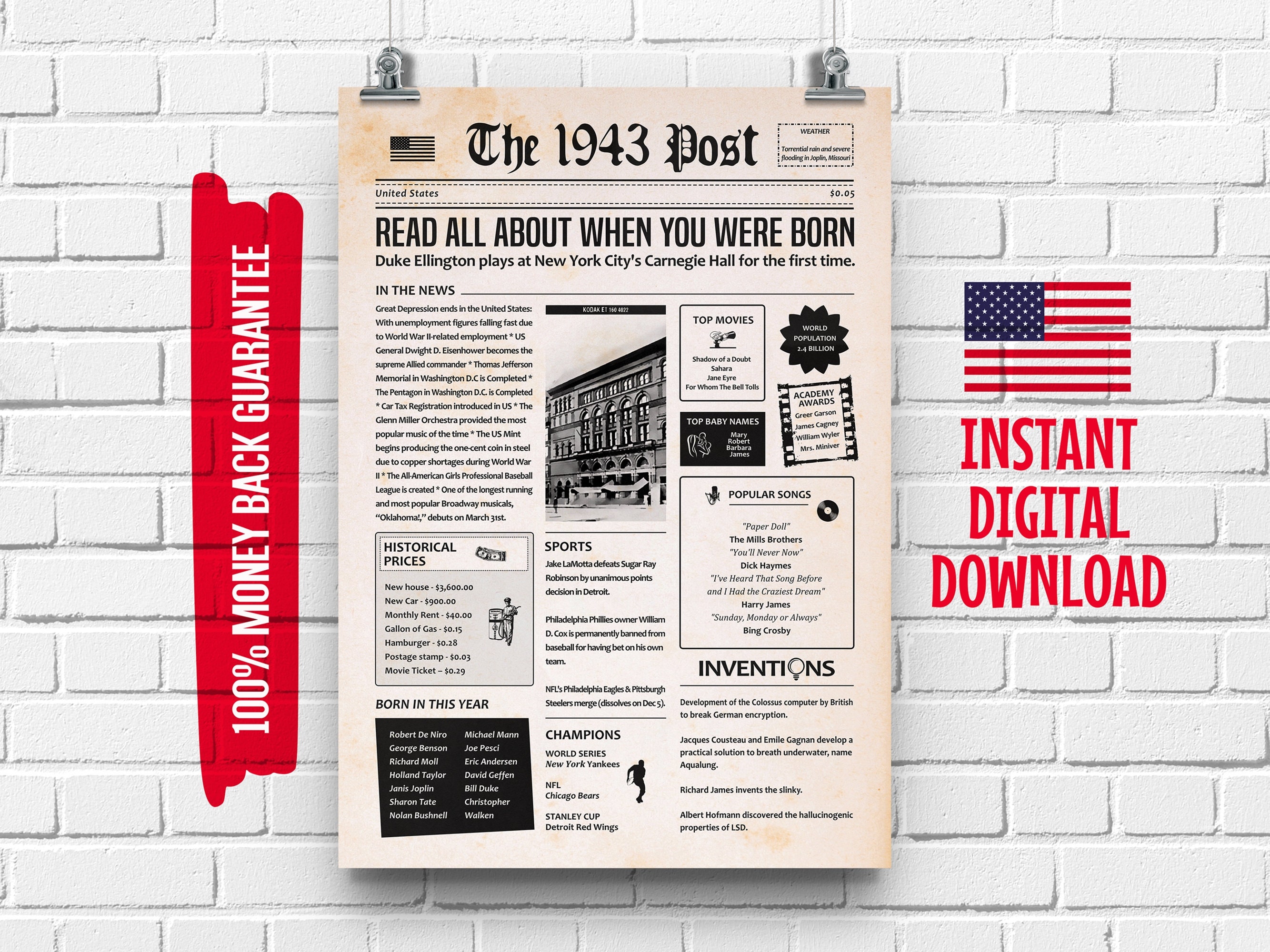 1943 80th Birthday Newspaper Sign 80th Birthday Gift for Men or Women ...