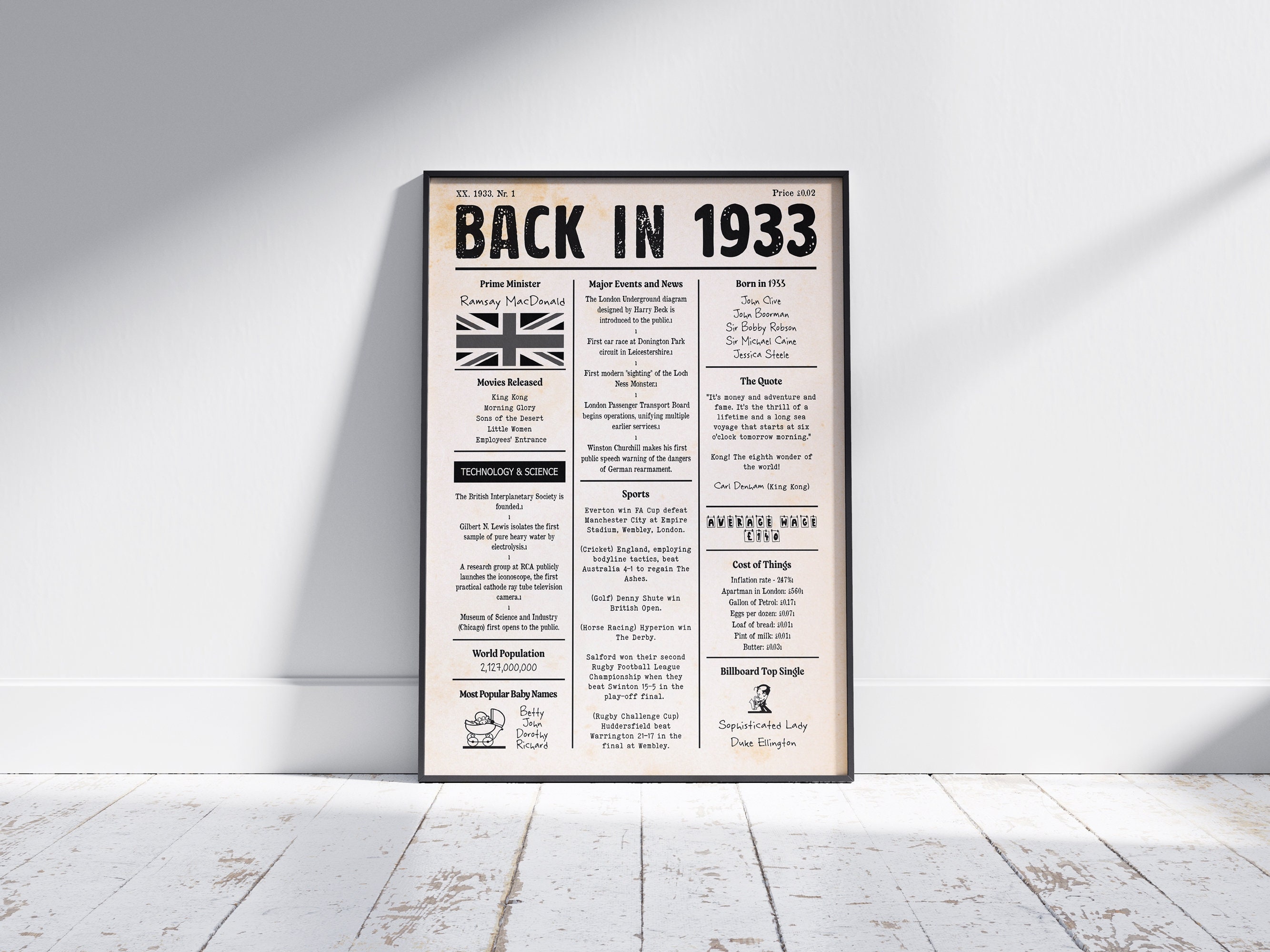 UK 90th Birthday Newspaper Poster Back in 1933 United Kingdom - Etsy ...