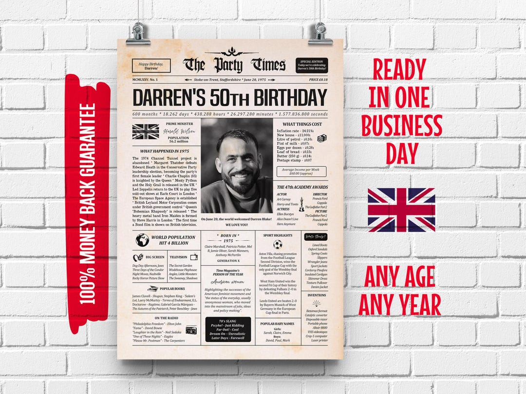 UK 50th Birthday Newspaper Poster Back in 1975 United Kingdom | 50 ...