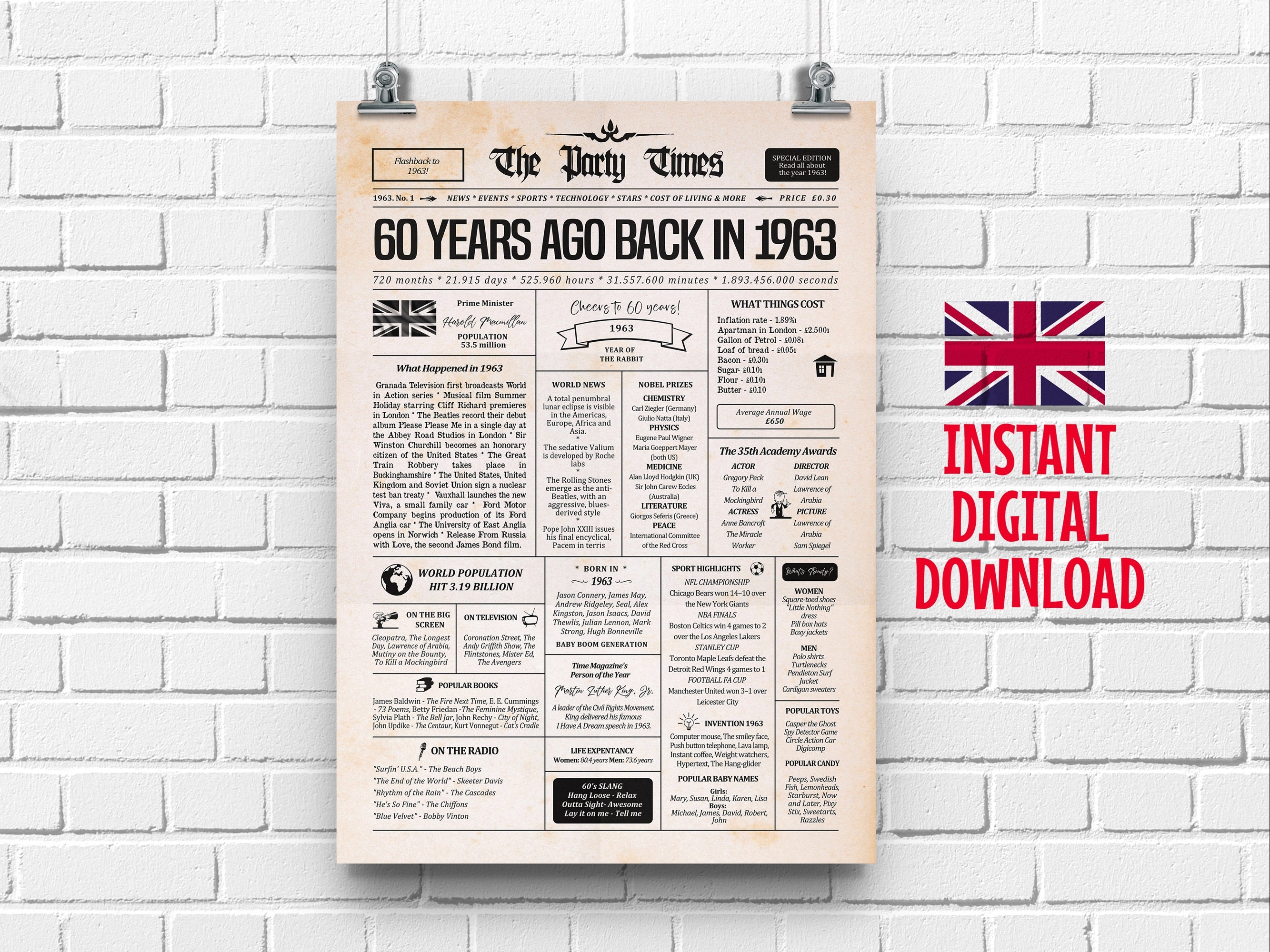 UK 60th Birthday Newspaper Poster Back in 1963 United Kingdom 60 Years ...