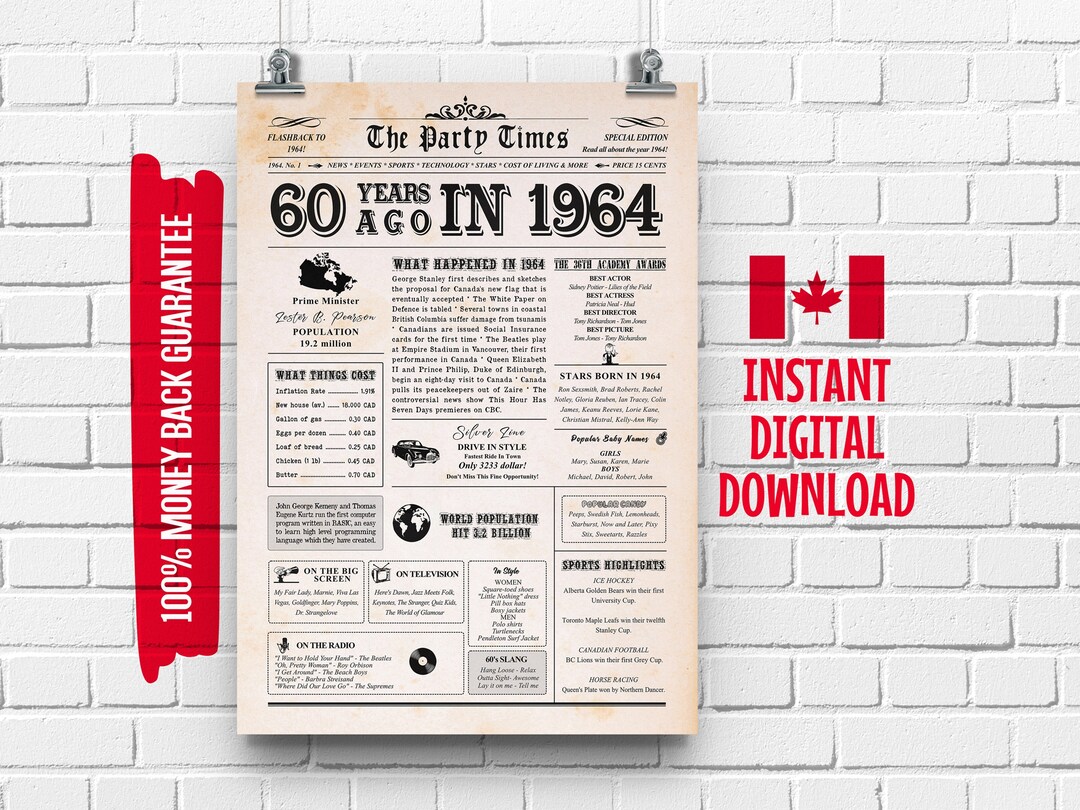 60th Birthday Canadian Newspaper Sign 1964 60th Birthday Gift for Men ...