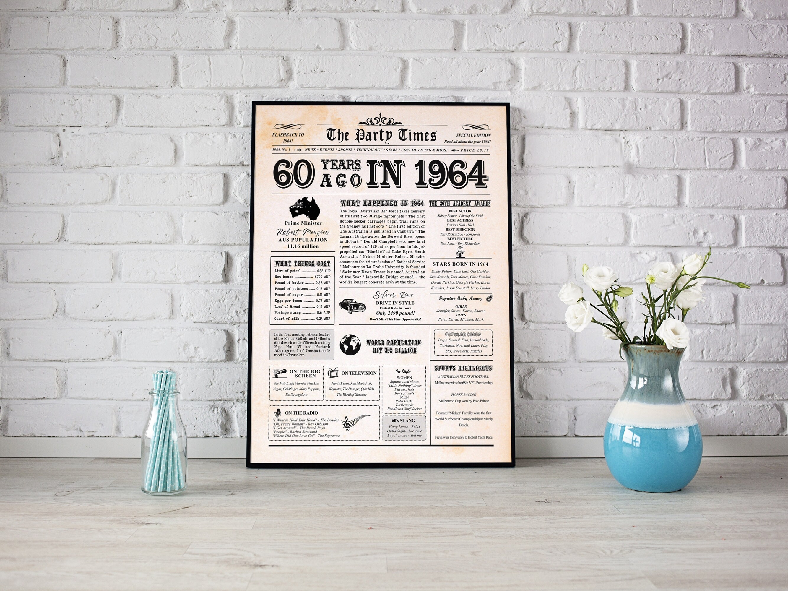 1964 60th Australian Birthday Newspaper Sign 60th Birthday Gift for Men ...