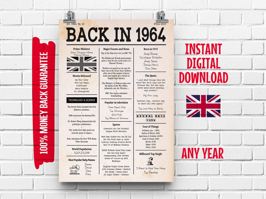 UK 60th Birthday Newspaper Poster Back in 1964 United Kingdom 60 Years ...
