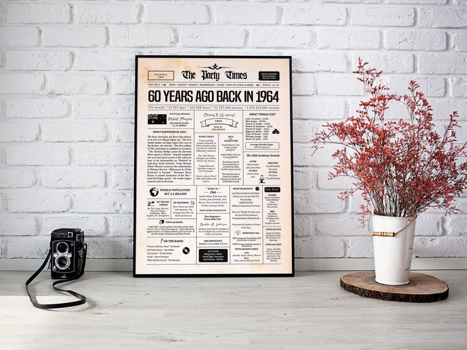 1964 60th Australian Birthday Newspaper Sign 60th Birthday Gift for Men ...