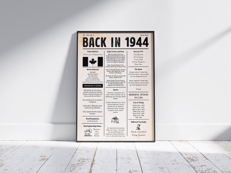 80th Birthday Canadian Newspaper Sign 1944 80th Birthday Gift for Men ...