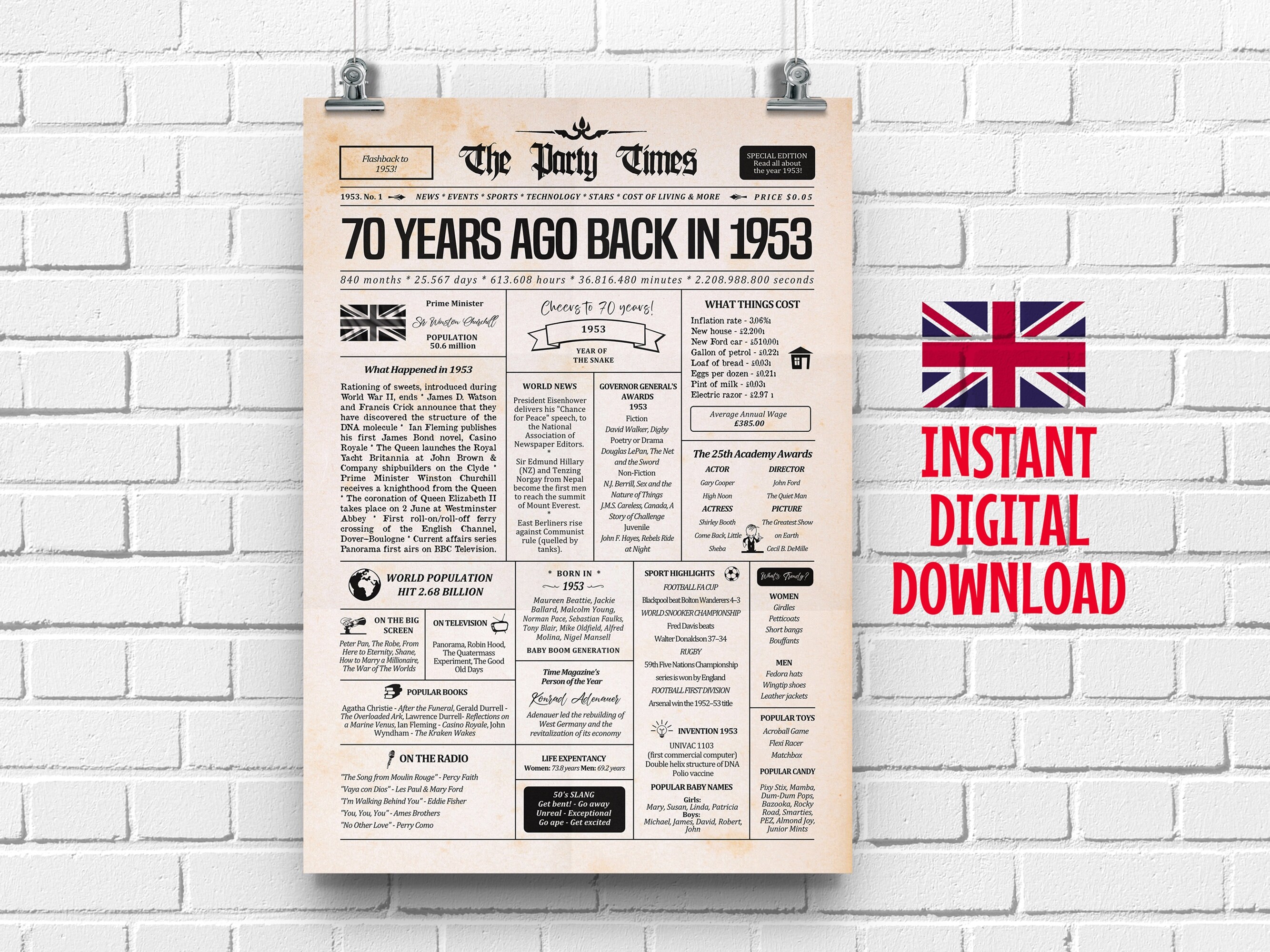 UK 70th Birthday Newspaper Poster Back in 1953 United Kingdom - Etsy