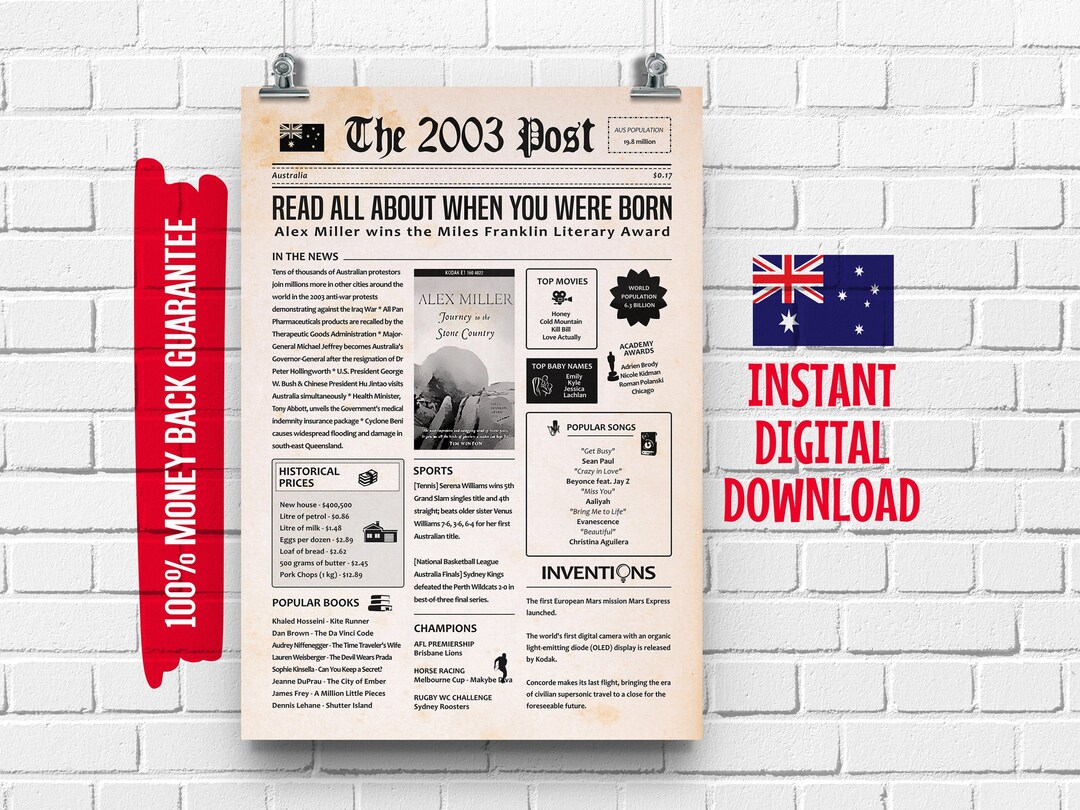 21st Birthday Australian Newspaper Sign 2003 21st Birthday Gift for Boy ...