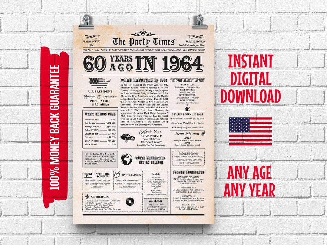 1964 60th Birthday Newspaper Sign 60th Birthday Gift for Men or Women ...