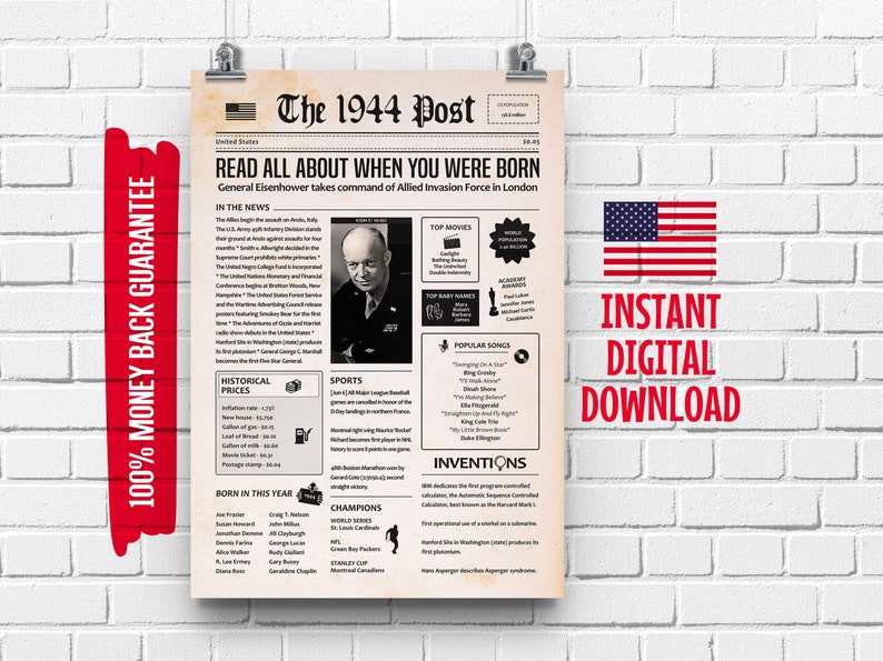 1944 80th Birthday Newspaper Sign 80th Birthday Gift for Men or Women ...