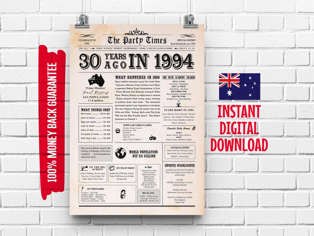 1994 30th Australian Birthday Newspaper Sign 30th Birthday Gift for Men ...