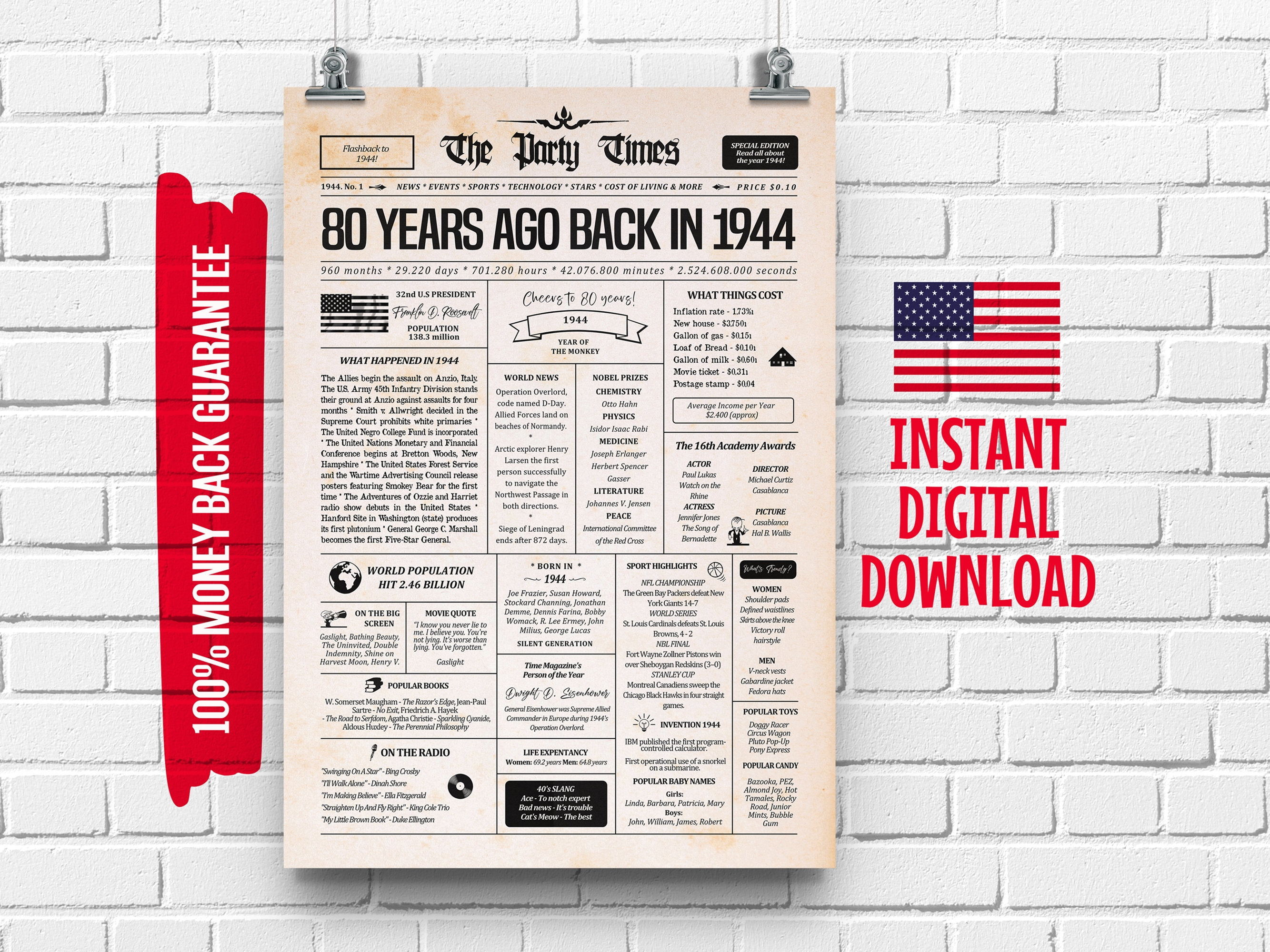1944 80th Birthday Newspaper Sign 80th Birthday Gift for Men or Women ...