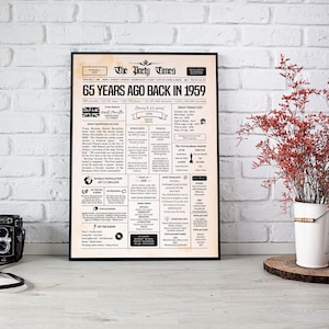 UK 65th Birthday Newspaper Poster Back in 1959 United Kingdom 65 Years ...
