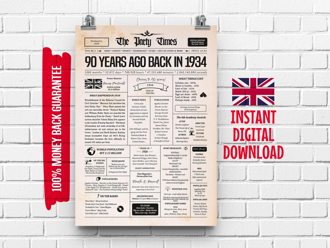 UK 90th Birthday Newspaper Poster Back in 1934 United Kingdom 90 Years ...